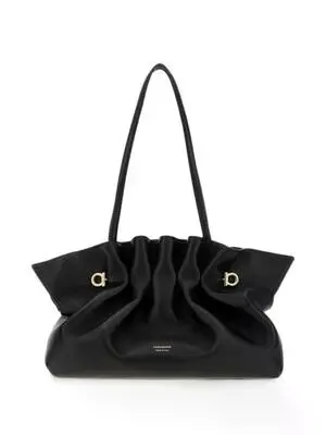 FERRAGAMO Gancini Ruched Shoulder Bag - Black