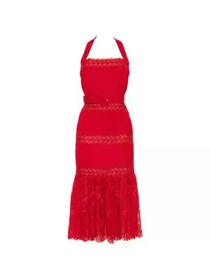SELF-PORTRAIT Lace-panelled Belted Midi Dress - Red