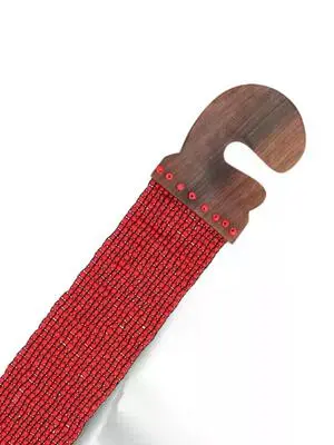 Vintage Beaded Wide Belt With Wood Buckle - Red