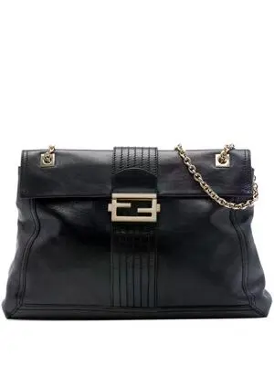 Fendi 2010-2026 Leather Maxi Baguette Flap Bag Shoulder Bag - Black