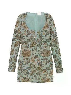 Saint Laurent Floral-brocade Long-sleeves Mini Dress - Blue