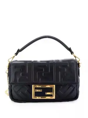 Fendi Baguette Nm Bag Zucca Embossed Leather Mini Crossbody Bag - Black