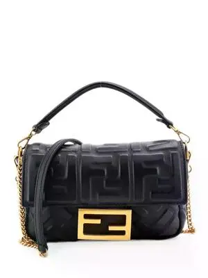 Fendi Baguette Nm Bag Zucca Embossed Leather Mini Crossbody Bag - Black