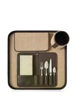 Brunello Cucinelli Picnic Set In Leather And Raffia-effect Techno Cotton Box