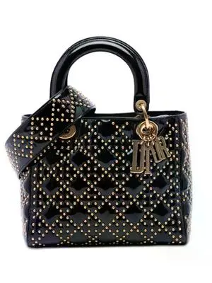 Dior 2017 Medium Patent Cannage Studded Supple Lady Satchel - Black