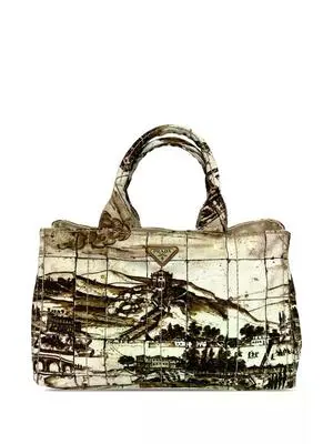 Prada 2013-2026 Large Canvas Canapa Azulejos Satchel - Brown