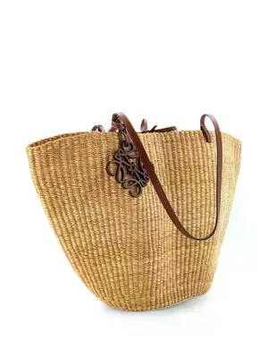 Loewe Shell Basket Bag Woven Raffia Medium Bucket Bag - Brown