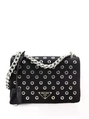 Prada Grommet Chain Flap Shoulder Bag Tessuto With Soft Calf Small Crossbody Bag - Black