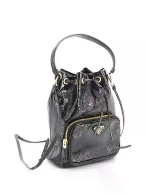 Prada Patent Drawstring Pocket Small Bucket Bag - Black