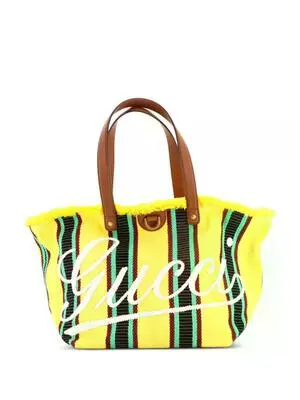 Gucci Script Open Embroidered Stripe Canvas With Leather Medium Tote Bag