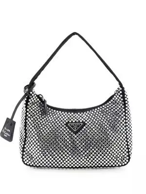Prada Re-edition 2000 Crystal Embellished Satin Mini Hobo Bag - Black