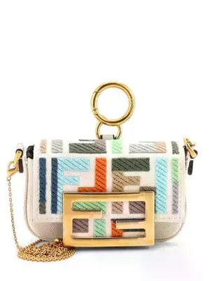 FENDI Chain Baguette Charm Bag Zucca Embroidered Canvas Nano Crossbody Bag
