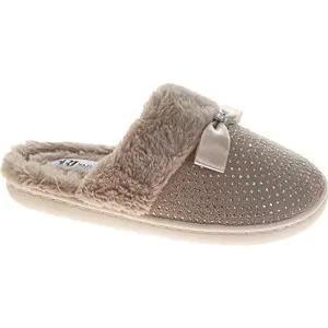 Badgley Mischka Embellished Glitter Slippers With Faux Fur - Beige