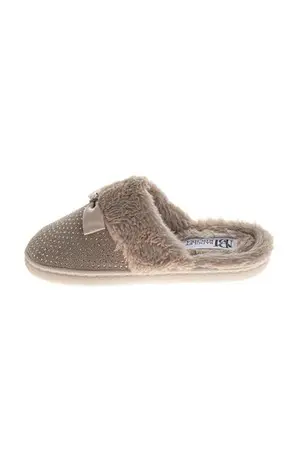 Badgley Mischka Embellished Glitter Slippers With Faux Fur - Beige