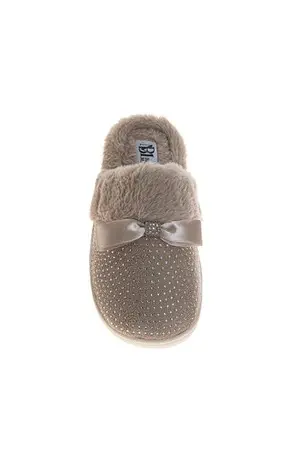 Badgley Mischka Embellished Glitter Slippers With Faux Fur - Beige