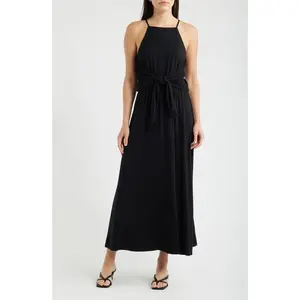 Loveappella Maxi Dress With Tied Waist And Apron Bodice - Black