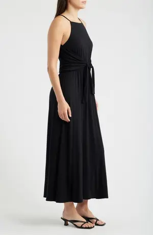 Loveappella Maxi Dress With Tied Waist And Apron Bodice - Black