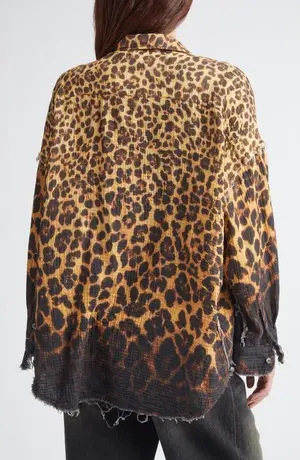 R13 Oversize Shredded Seam Drop Neck Leopard Print Button-up Shirt