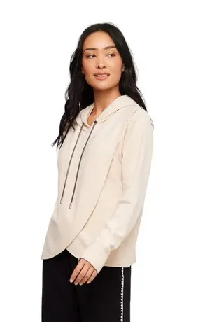 Karen Kane Rhinestone Drawstring Crossover Hoodie - Ecru