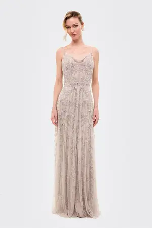 BEAUUT Embellished Sequins Cowl Maxi Dress - Light Grey
