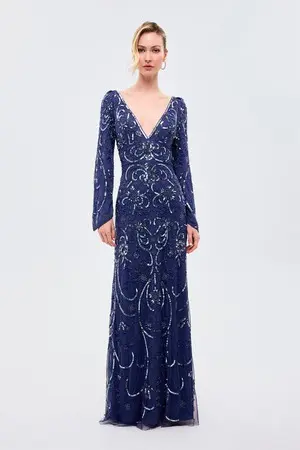 BEAUUT Deep Neck Embellished Sequins Maxi Dress - Blue
