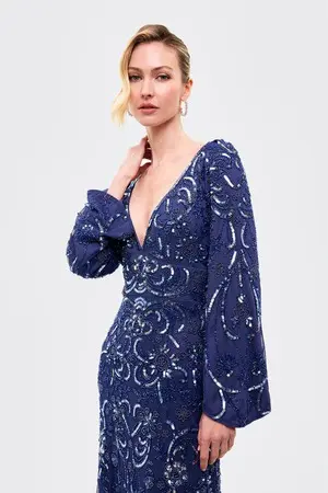 BEAUUT Deep Neck Embellished Sequins Maxi Dress