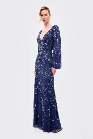 BEAUUT Deep Neck Embellished Sequins Maxi Dress