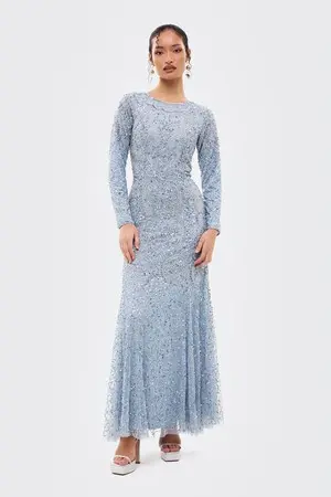 MARYISA Modest Embellished Sequins Fitted Maxi Dress - Blue