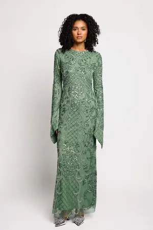 MARYISA Modest Embellished Sequins Flutter Sleeves Gown - Dark Green