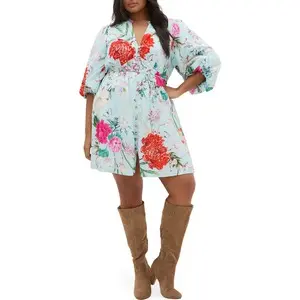City Chic Flora Print Cotton Minidress - Mint Flora