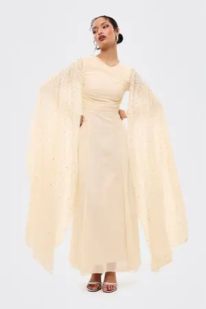 MARYISA Modest Cape Embellished Sequins Maxi Dress