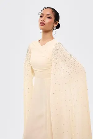 MARYISA Modest Cape Embellished Sequins Maxi Dress
