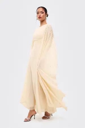 MARYISA Modest Cape Embellished Sequins Maxi Dress