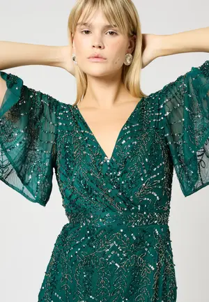 BEAUUT Embellished Sequins Wrap Neck Maxi Dress