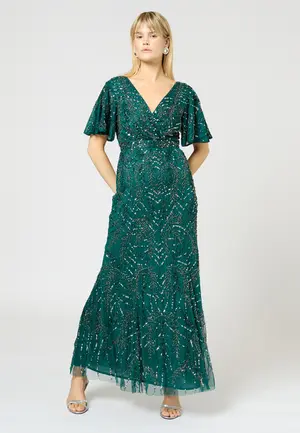BEAUUT Embellished Sequins Wrap Neck Maxi Dress