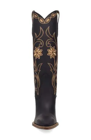 DINGO Miss Daisy Knee-high Western Boots With Floral Embroidery - Black