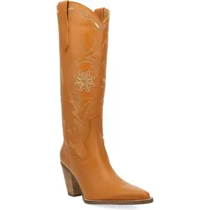 DINGO Miss Daisy Knee-high Western Boots With Floral Embroidery - Orange