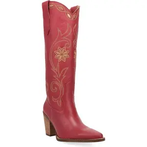 DINGO Miss Daisy Knee-high Western Boots With Floral Embroidery - Pink