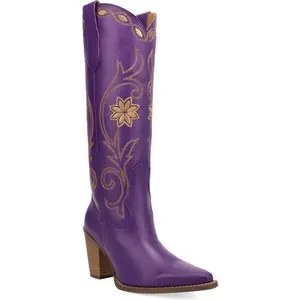 DINGO Miss Daisy Knee-high Western Boots With Floral Embroidery - Purple