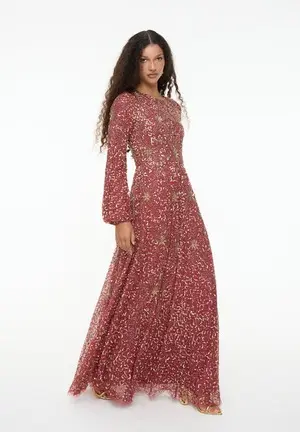 MARYISA Modest Embellished Sequins A-line Dress