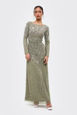 MARYISA Modest Embellished Sequins Fitted Maxi Gown - Sage Green