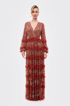 BEAUUT Embellished Sequins Maxi Ruffle Dress