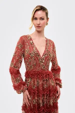 BEAUUT Embellished Sequins Maxi Ruffle Dress