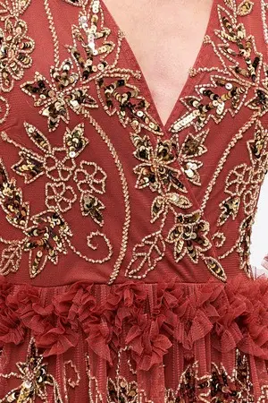 BEAUUT Embellished Sequins Maxi Ruffle Dress