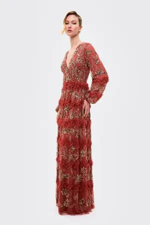 BEAUUT Embellished Sequins Maxi Ruffle Dress