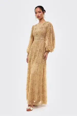 MARYISA Modest Embellished Sequins A Line Maxi Dress