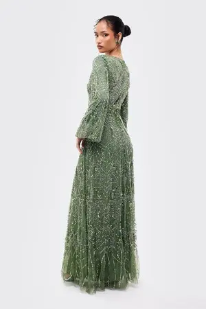 MARYISA Modest Embellished Sequins A Line Maxi Gown