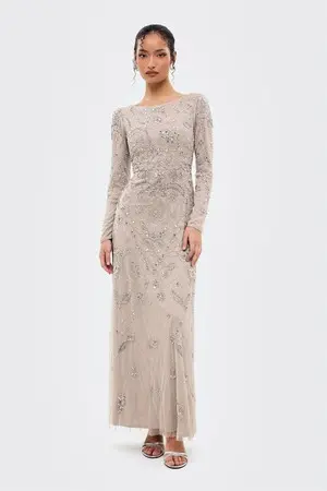 MARYISA Modest Floral Embellished Sequins Maxi Dress - Grey
