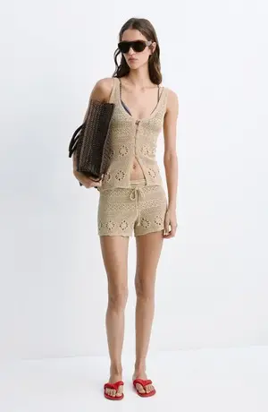 Mango Crocheted Button-front Sleeveless Vest - Sand