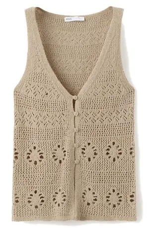 Mango Crocheted Button-front Sleeveless Vest - Sand